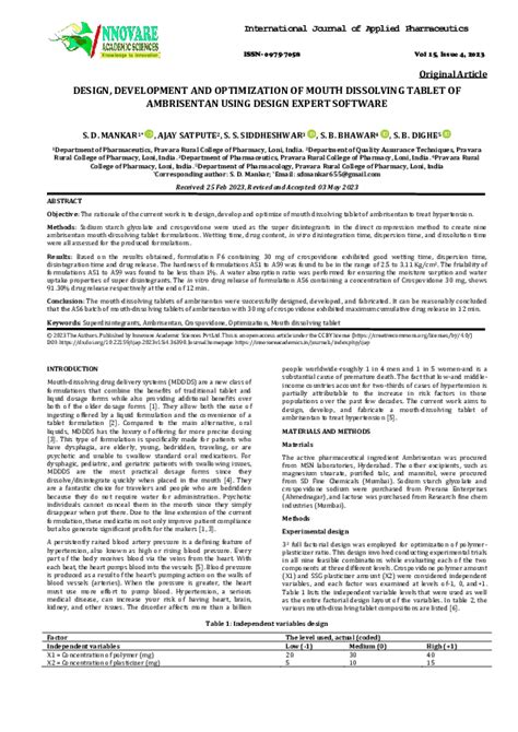 Pdf Design Development And Optimization Of Mouth Dissolving Tablet Of Ambrisentan Using