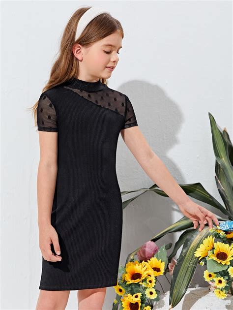 Shein Tween Girl Dobby Mesh Insert Rib Knit Dress For Sale Australia