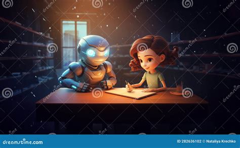 The Robot Helps The Girl To Do Her Homework In Cartoon Style Ai