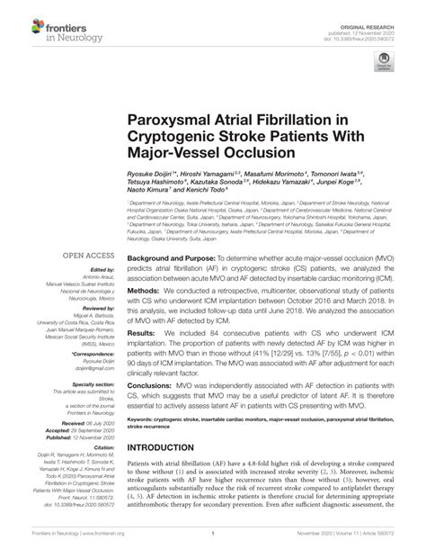 Pdf Paroxysmal Atrial Fibrillation In Cryptogenic Stroke Patients With Major Vessel Occlusion