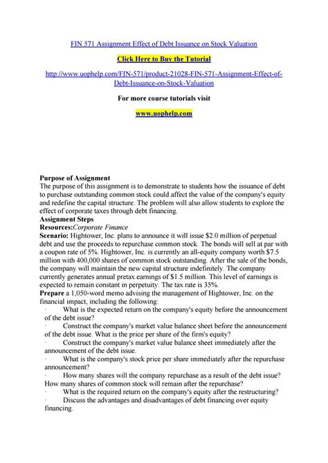 Fin 571 Assignment Effect Of Debt Issuance On Stock Valuation By Derr