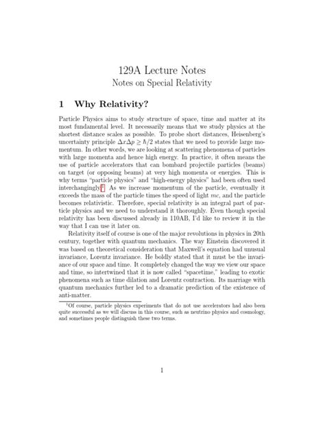 129a Lecture Notes Notes On Special Relativity 1 Why Relativity Pdf