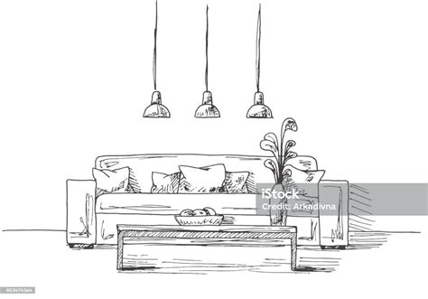 소파 베개와 함께 테이블에 꽃병 테이블 위에 3 개의 낮은 교수형 램프입니다 그려진된 벡터 일러스트 레이 션 스케치 스타일의 손 가정 생활에 대한 스톡 벡터 아트 및 기타
