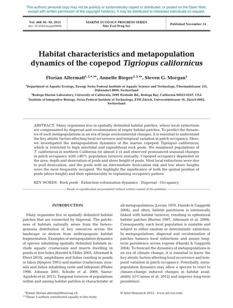 Pdf Habitat Characteristics And Metapopulation Dynamics Of The Copepod Tigriopus Californicus