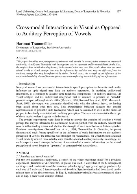 Pdf Cross Modal Interactions In Visual As Opposed To Auditory