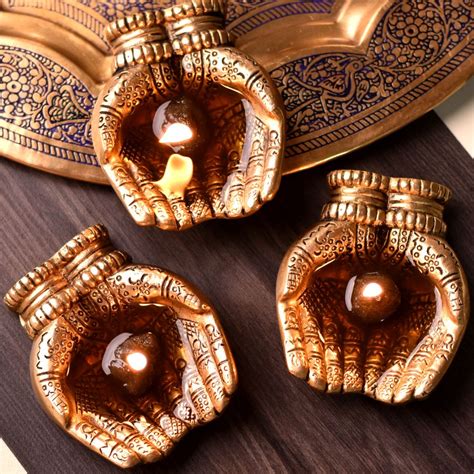 Buy 3 Pieces Engraved Design Two Diwali Diyas For Diwali Pooja