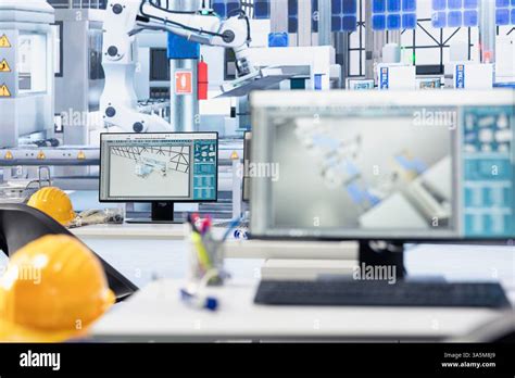 Pc Screen On Desk In Empty Photovoltaics Factory Used For Analyzing Data And Reviewing System