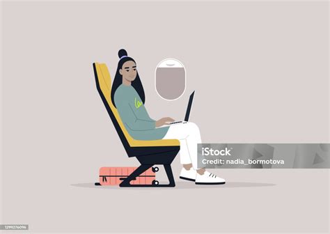 비행 중 노트북에서 일하는 젊은 여성 아시아 캐릭터 현대 밀레니엄 라이프 스타일 및 원격 작업 비행기에 대한 스톡 벡터 아트 및 기타 이미지 Istock