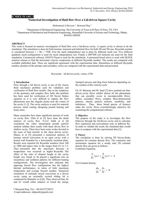 pdf numerical investigation of fluid flow over a lid driven square cavity