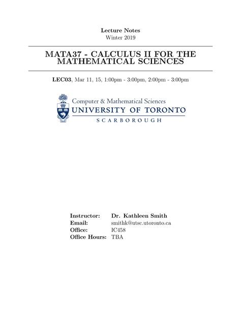 Mar Th MATA Lec Notes Lecture Notes Winter MATA CALCULUS II FOR THE
