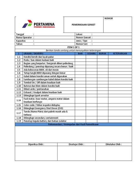 Form Pemeriksaan Genset Pdf