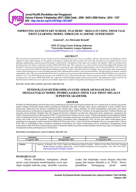 Pdf Improving Elementary School Teachers Skills In Using Think Talk Write Learning Model