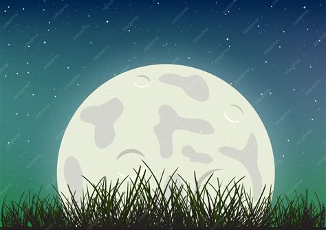 Premium Vector Moonlight And Grass Silhouette On Night Sky