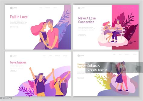 방문 페이지 템플릿 해피 연인 관계 로맨틱 한 커플 온라인 데이트 키스 포옹 기타 연주 여행 장면 캐릭터 발렌타인 데이 세트입니다 다채로운 벡터 Html에 대한 스톡 벡터
