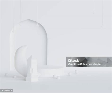 3d는 흰색 모노톤 디자인의 현대 이슬람 휴일 배너를 렌더링합니다 라마단 등불이 있는 연단 금속 달과 서예 모스크 포털 이드 무바라크 강단에 대한 스톡 사진 및 기타 이미지