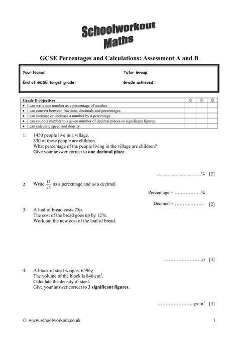 Gcse Percentages And Calculations Assessment A Suffolk Maths