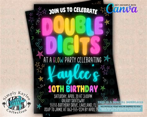 Glow Party Invitation Neon Double Digits 10th Birthday Pdf Etsy