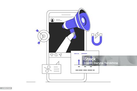 모바일 마케팅 소셜 미디어 또는 네트워크 프로모션 전화 화면에 확성기를 가진 인플루언서 평면 만화 벡터 일러스트 레이 션 아이콘 세련된 추상 웹 디자인 Brand Name