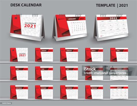 세트 데스크 캘린더 2021 템플릿 벡터 및 책상 달력 3d 모형 캘린더 20222023 템플릿 디자인 레드 커버 디자인 12 개월 세트 주 일요일 문구가 시작됩니다 10