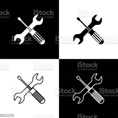 검은 색과 흰색 배경에 격리 교차 드라이버및 렌치 도구 아이콘을 설정합니다 서비스 도구 기호입니다 벡터 일러스트레이션 건설 산업에 대한 스톡 벡터 아트 및 기타 이미지