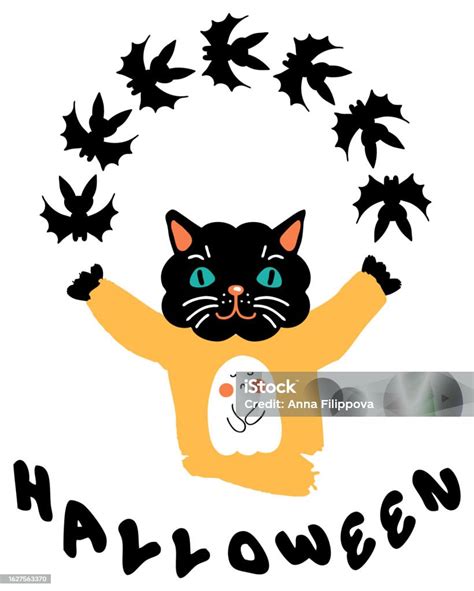 검은 고양이와 날아다니는 박쥐가 있는 할로윈 프린트 티셔츠 스티커 포스터 및 카드에 적합합니다 장식과 디자인을 위한 격리된 벡터 그림 10월에 대한 스톡 벡터 아트 및 기타