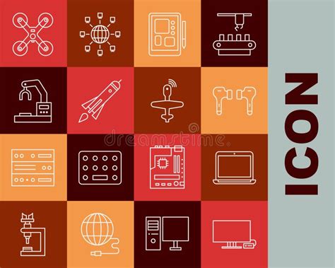 Set Line Smart Tv Laptop Air Headphones Graphic Tablet Rocket Ship With Fire Robotic Robot