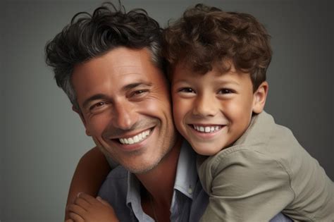 Premium AI Image Portrait Of A Happy Father And His Son On A Gray Background Ai Generated