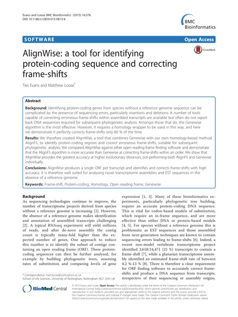 Pdf Alignwise A Tool For Identifying Protein Coding Sequence And Correcting Frame Shifts