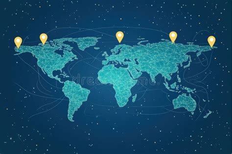 Stylized World Map With Abstract Location Pins And Connecting Lines