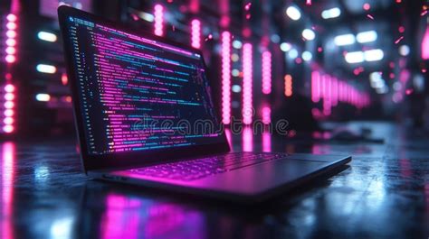 Futuristic Workspace With Glowing Neon Lights And Programming Code On Laptop Screen Stock