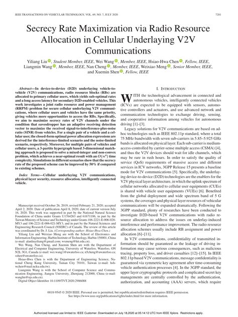 Pdf Secrecy Rate Maximization Via Radio Resource Allocation In Cellular Underlaying V2v