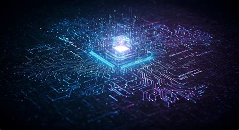 futuristic illustration depicting a glowing microchip on a dark circuit