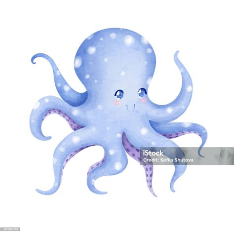 흰색 배경에 귀여운 파란색 문어 디지털 일러스트레이션 어린이 용 일러스트 는 어린이 의류 엽서 인쇄물 식기 벽지 등에 적합합니다 문어에 대한 스톡 벡터 아트 및 기타 이미지