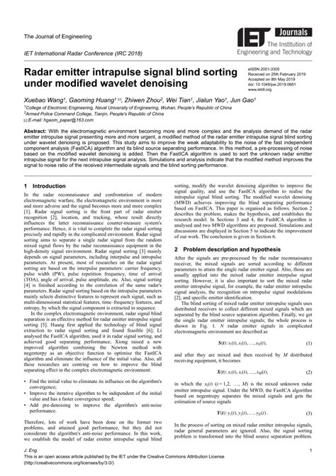 Pdf Radar Emitter Intrapulse Signal Blind Sorting Under Modified Wavelet Denoising