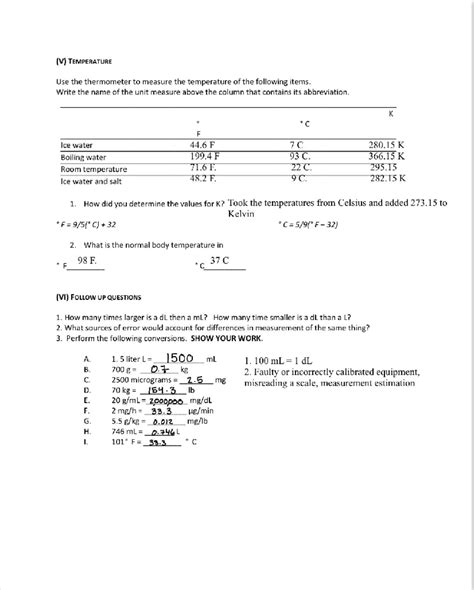 Biochemistry Lab Pg 3 Examples Given From First Lab Of The Semester Metric System Pgs 1 3