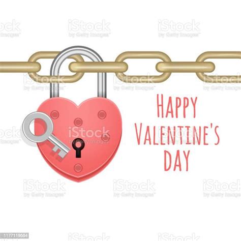 흰색에 고립 된 체인에 매달려 닫힌 심장 자물쇠와 인사말 카드 발렌타인 데이 또는 다른 사랑 초대 카드에 대한 배경 개념에 대한