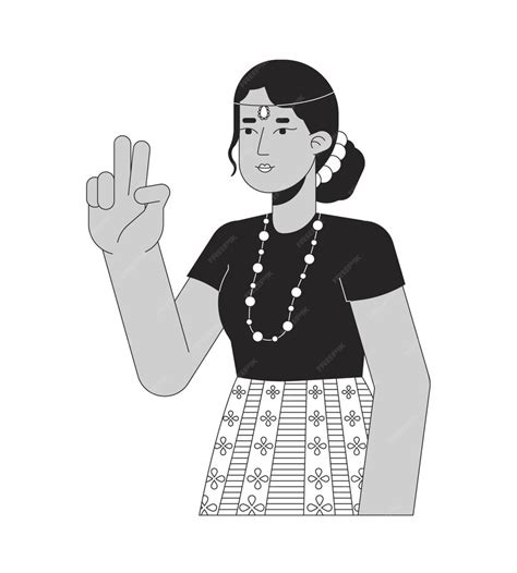 인도 머리 보석을 가진 평화 표지 소녀 검은색과 ⁇ 색 2d 라인 만화 캐릭터 남 인도 여성 두 손가락을 고립 된 ⁇ 터 윤