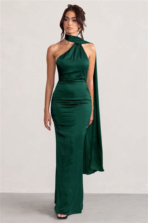 Mademoiselle Bottle Green Satin Asymmetric Scarf Neck Backless Maxi