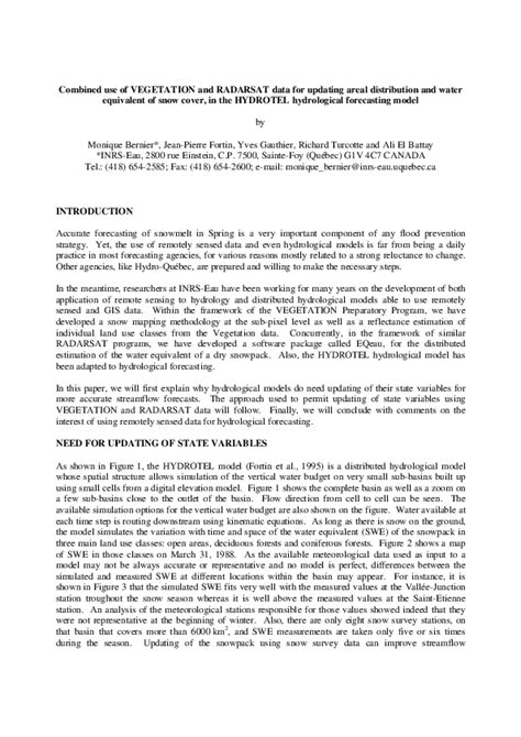 Pdf Combined Use Of Vegetation And Radarsat Data For Updating Areal Distribution And Water