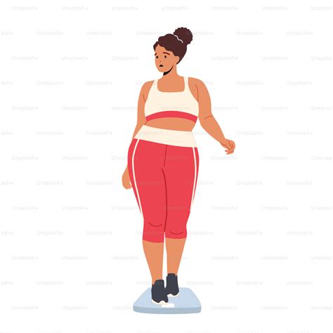 여성 캐릭터 체중 감량 개념 플러스 사이즈의 뚱뚱한 여자는 하얀 배경에 고립된 비늘 위에 운동복을 입는다 비만 건강에 해로운 생활 습관 다이어트 실패 만화 사람들