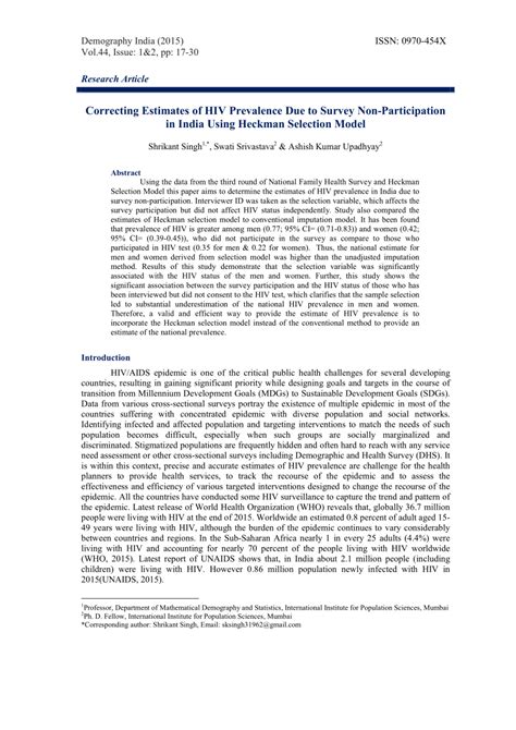 Pdf Correcting Estimates Of Hiv Prevalence Due To Survey Non Participation In India Using