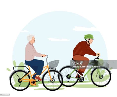 활동적인 조부모는 자전거를 탄다 노부부는 야외에서 함께 시간을 보낸다 자전거를 타는 만화 활동적인 노인들 건강한 라이프스타일 흰색 흰색 흰색 노인에 대한 스톡 벡터 아트 및