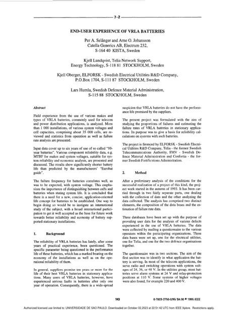 End User Experience Of Vrla Batteries Pdf Reliability Engineering