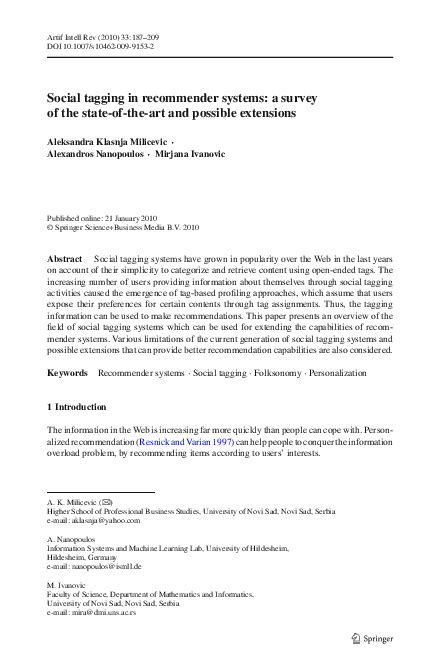 Pdf Social Tagging In Recommender Systems A Survey Of The State Of