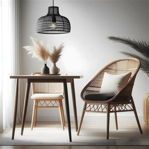 A Table With Chairs And A Round Table With A Lamp On It Premium Ai