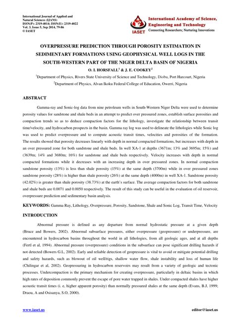 Pdf Overpressure Prediction Through Porosity Estimation In Sedimentary Formations Using
