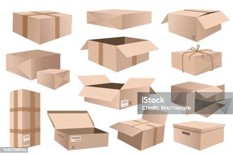 판지 상자는 평면 디자인의 그래픽 요소를 설정합니다 소포 운송 및 재배치 품목을 포장하기 위한 다양한 개방형 및 폐쇄형 판지 상자 번들 벡터 그림 격리 된 개체 상자에 대한