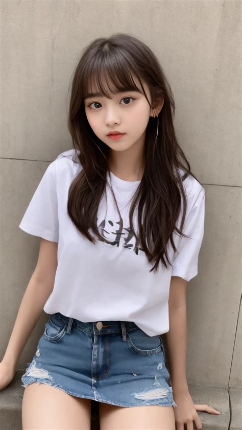 美しい 13 歳のラティーナのティーンエイジャー 半袖シャツ デニムミニスカート かわいい女の子 白い目 Seaart Ai