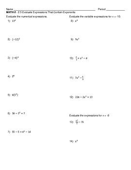 Math Evaluate Expressions That Contain Exponents TPT