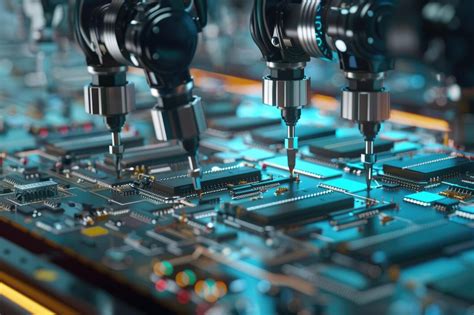Premium Photo High Precision Robot Arms In Automated Pcb Assembly Line Modern Electronics Factory